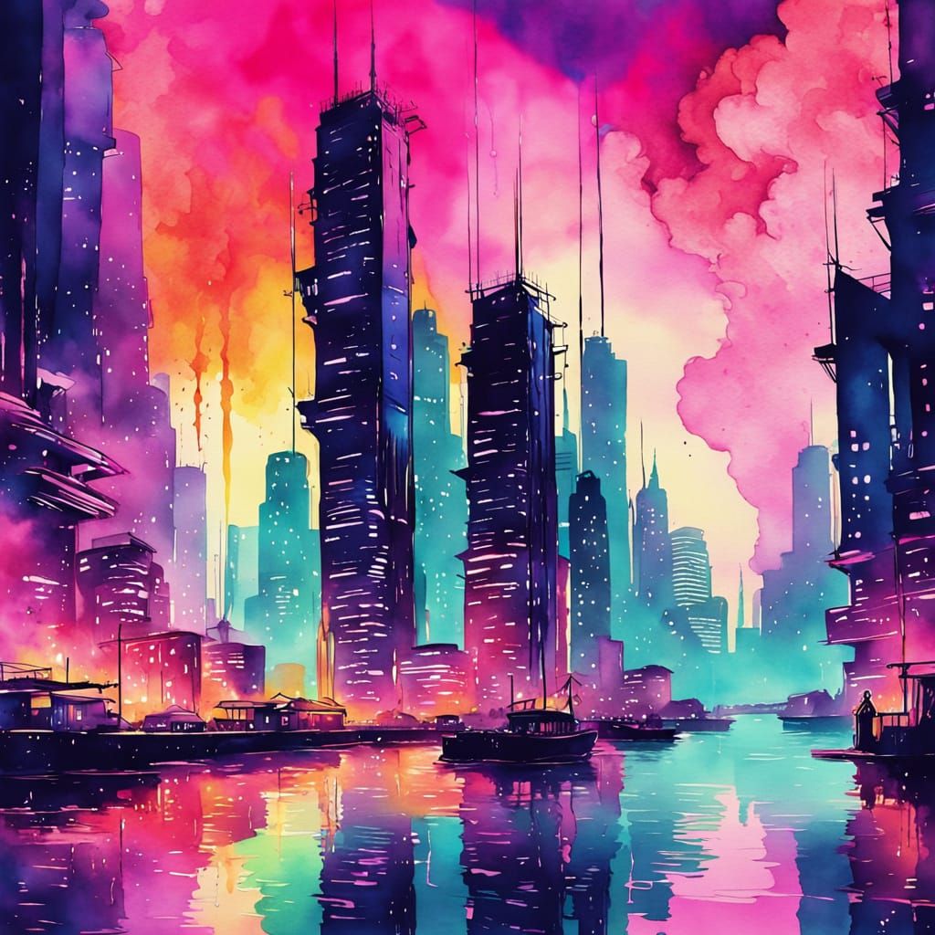 Cyberpunk Vaporware Cityscape with Vibrant Neon Li... - AI Art