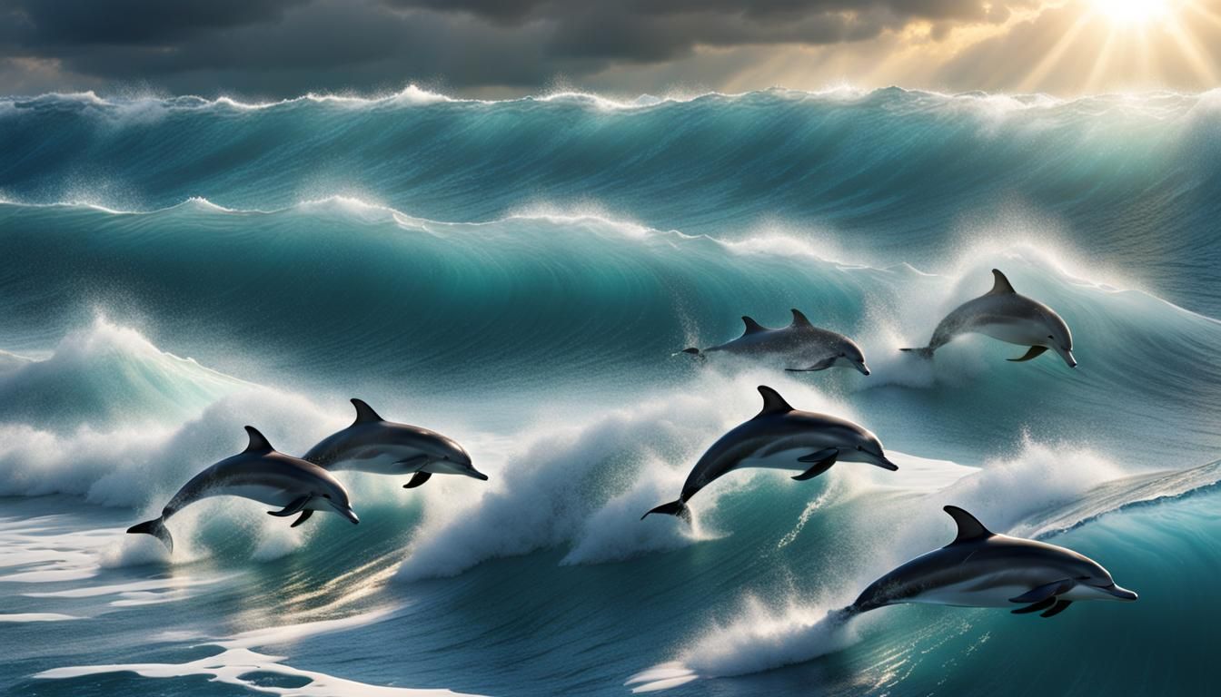 dolphins surfing in waves, sparkling water from sunshine, sun rays ...