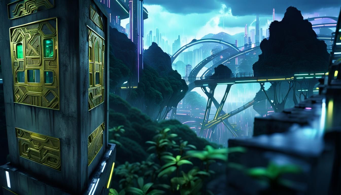 High-Sci-Fi Angular deep jungle city, neon lights, cloudy sky, alien ...
