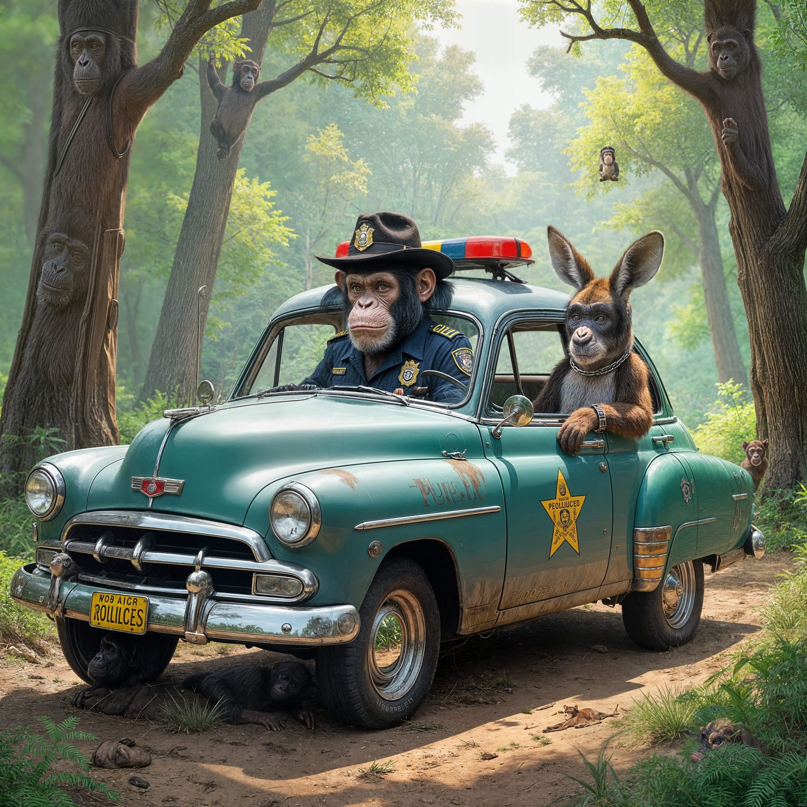 Chimpanzee Cop and Kangaroo Prisoner in Woods - AI Art