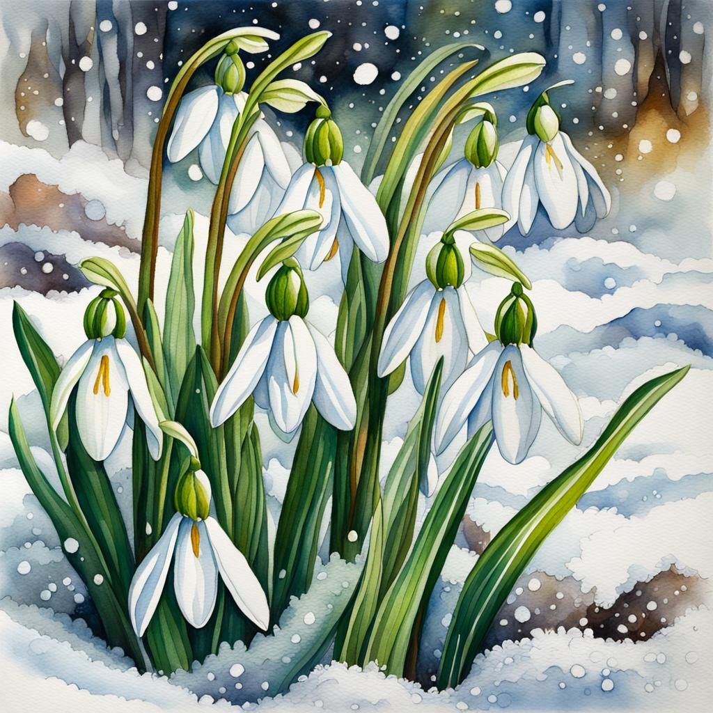 White Snowdrop flowers breaking through snowy ground, - AI Generated ...