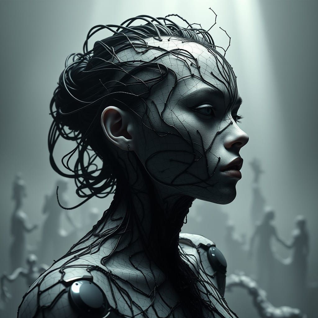 4K, 3D, stunning woman black and white, Nanotechnological mutations Self-replicating nano ...