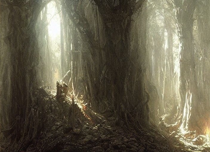 The cloaked elf runs through the forest towards the fire lit cave ...