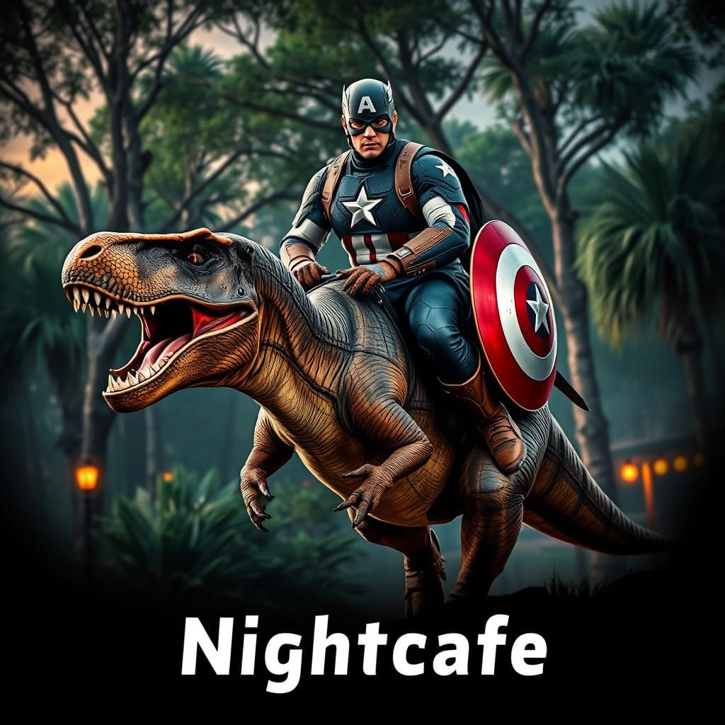 Captain dino - Captain America Riding a Dinosaur in a Park