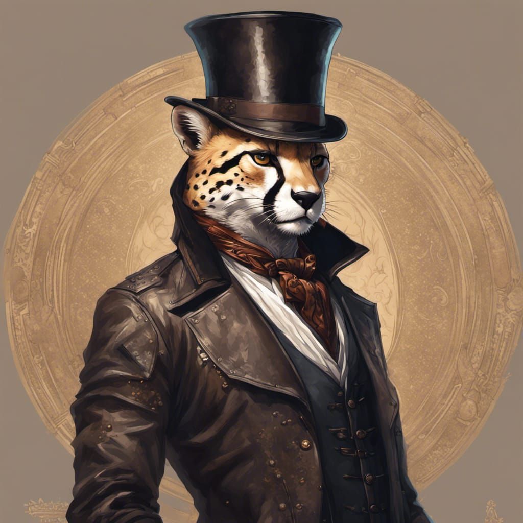 victorian male cheetah catfolk with leather dress and black hat - AI ...