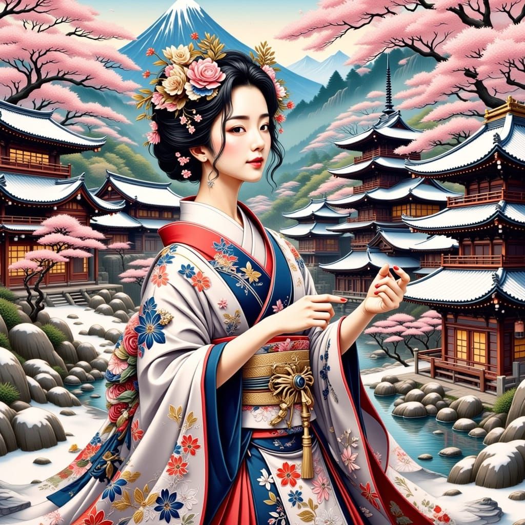 Steampunk Geisha with Sakura and Clockwork Kimono - AI Art