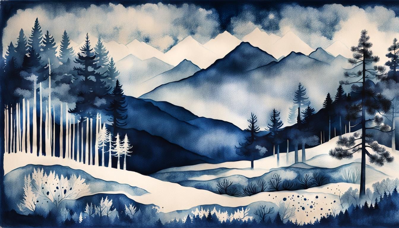 Ethereal Cyanotype Landscapes with mountains, pine forest, snowy ...