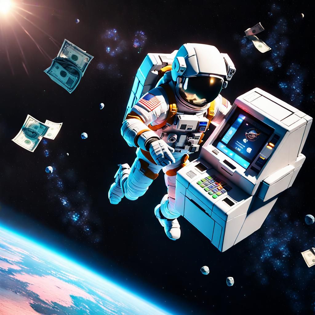 Astronaut free floating in space, a floating ATM, getting money while ...