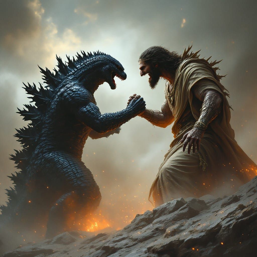 Godzilla versus Jesus Christ in Arm Wrestling Epic - AI Art