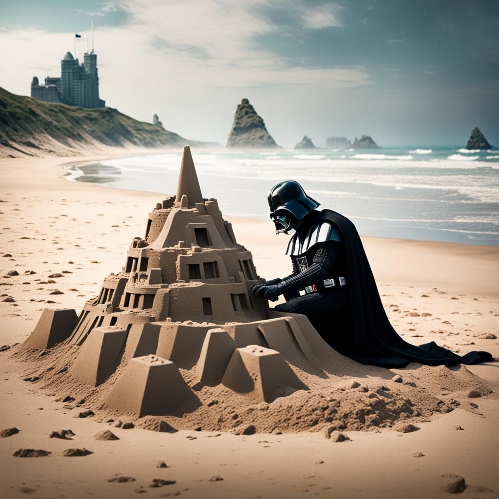 Star Wars Darth Vader finishing his detailed sandcastle at the beach ...