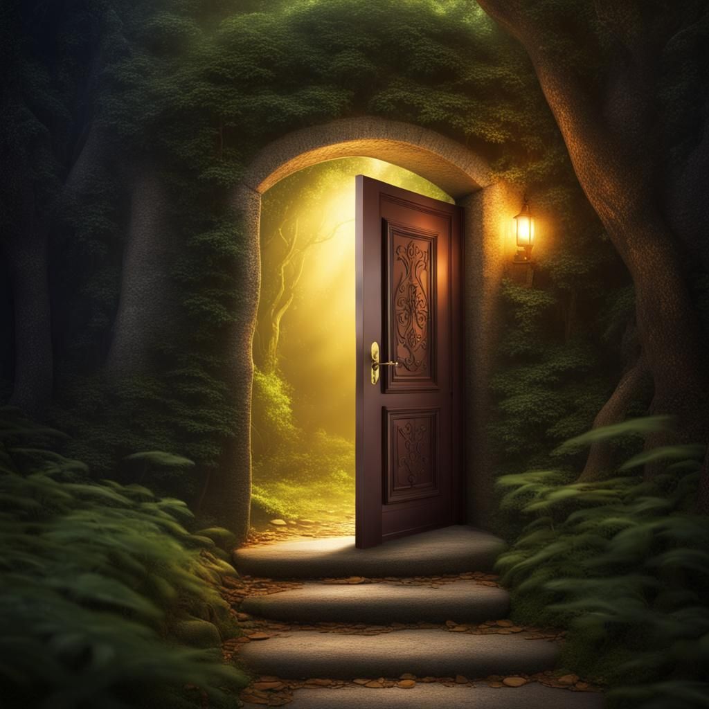 A magical door in a normal livingroom opening into an alleyway pathway ...