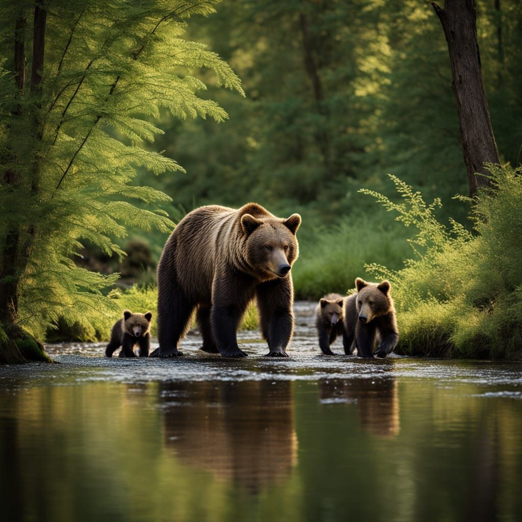 Bear Family - Mother Bear Teaches Cubs to Fish in a Forest S...
