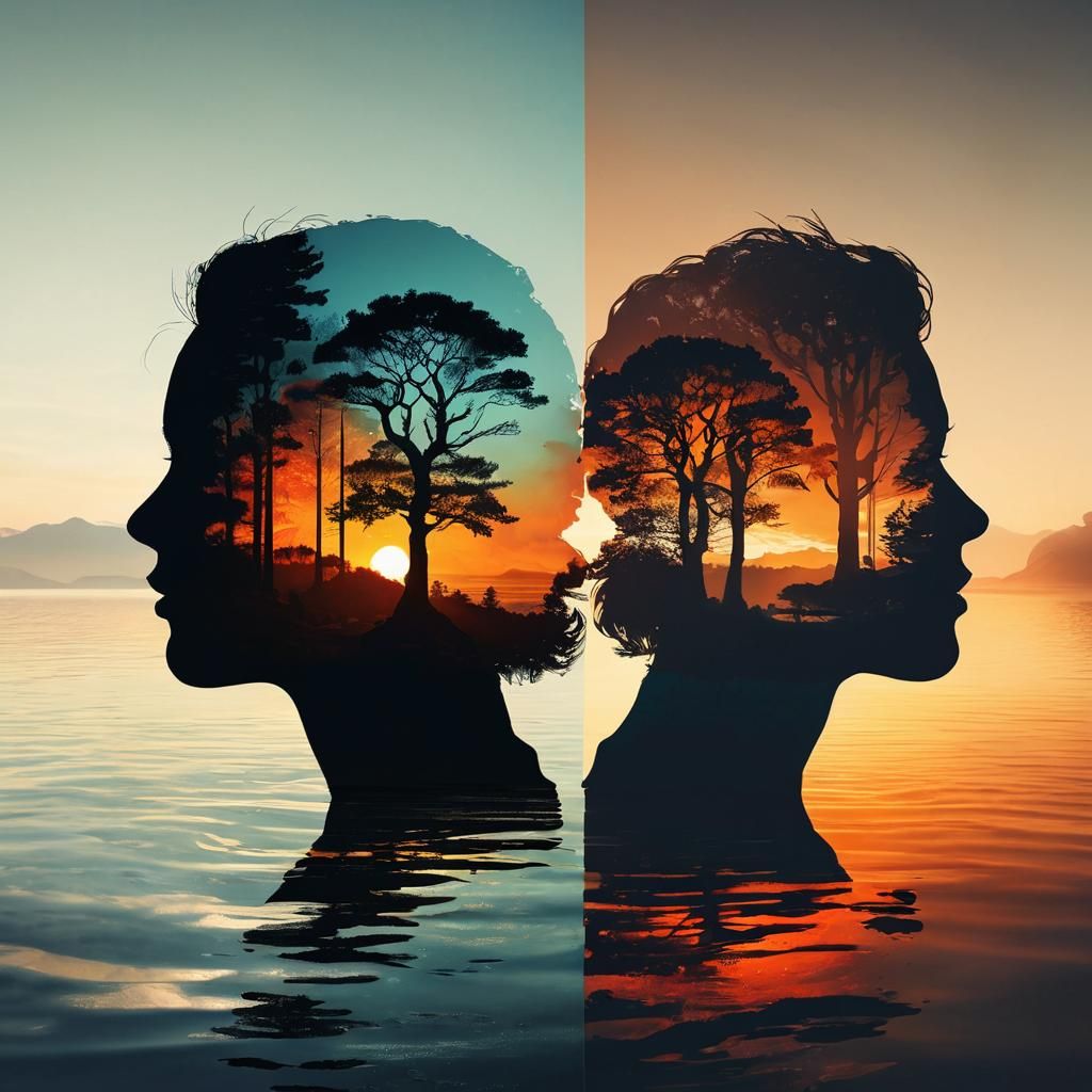 DOUBLE EXPOSURE Split Shadow TREE silhouette portrait / Light vs. Dark ...