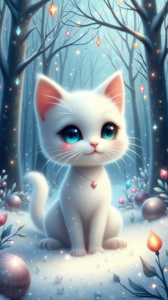 gustav klimt style chibi cat A white cat in a snowy forest with cozy ...