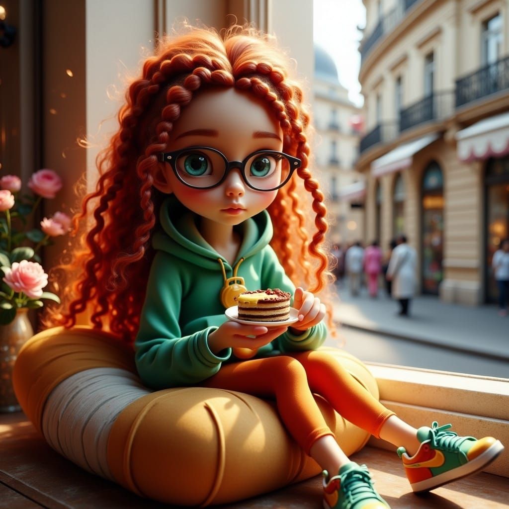 Watercolor 2:1.0> Quirky 3D 8hd 3D 24K quirky 7 year old girl with long red curly hair,