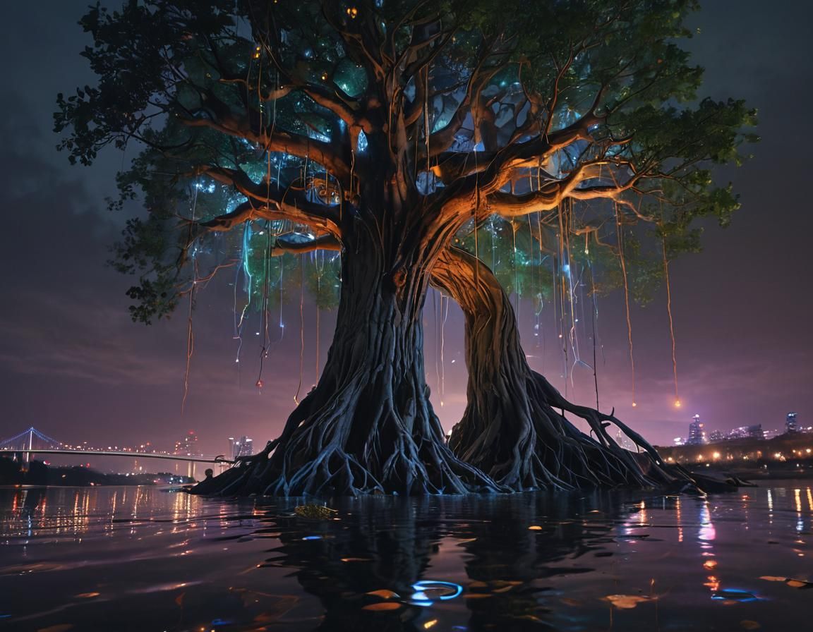 "A colossal tree with glowing, bioluminescent leaves towers over a ...