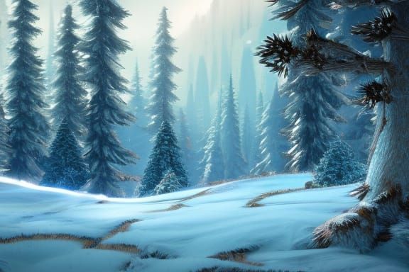 Winterscape snowy beautiful pine trees detailed , deep color ...