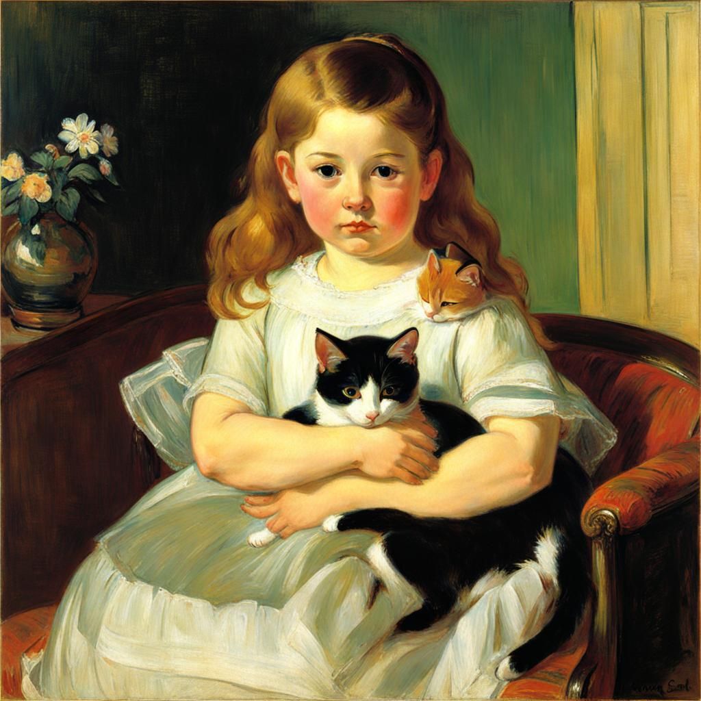"Sara holding a Cat" by Mary Cassat, Modigliani Style - AI Generated ...