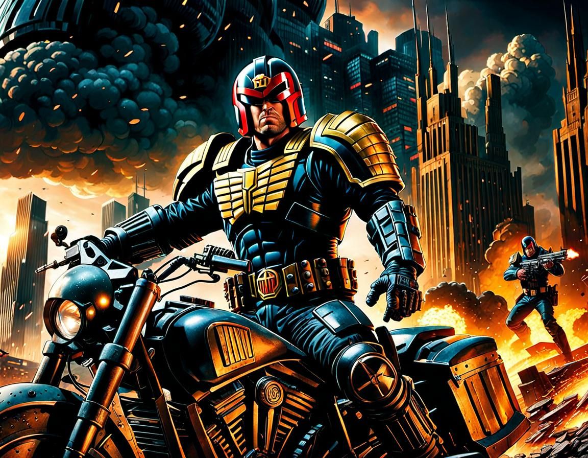 Judge Dredd on his motorcycle - AI Generated Artwork - NightCafe Creator