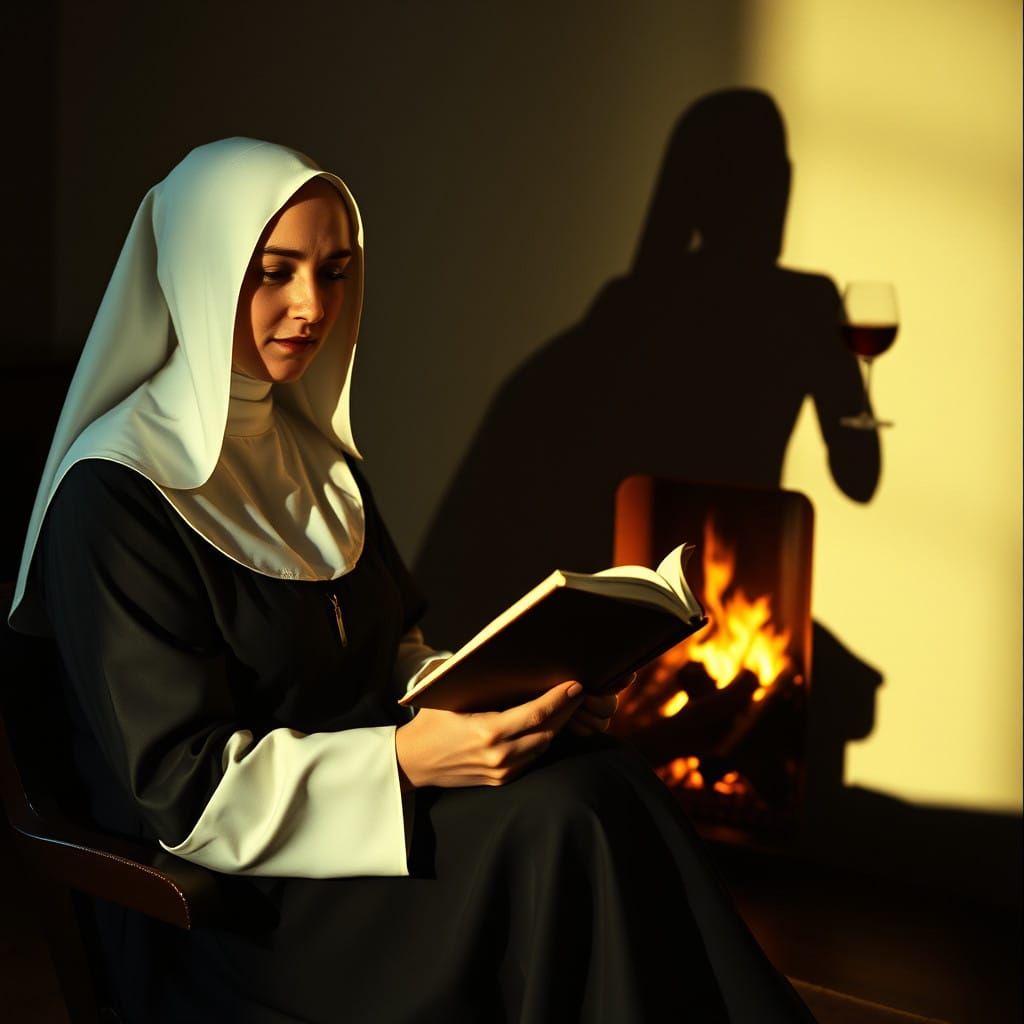 Serenely Reading Nun's Shadowy Doppelganger Drinks... - AI Art