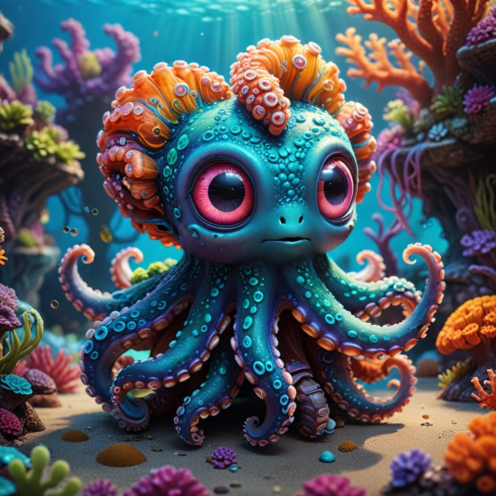 Cute Kawaii Baby Octopus with Rainbow Fur and Hear... - AI Art