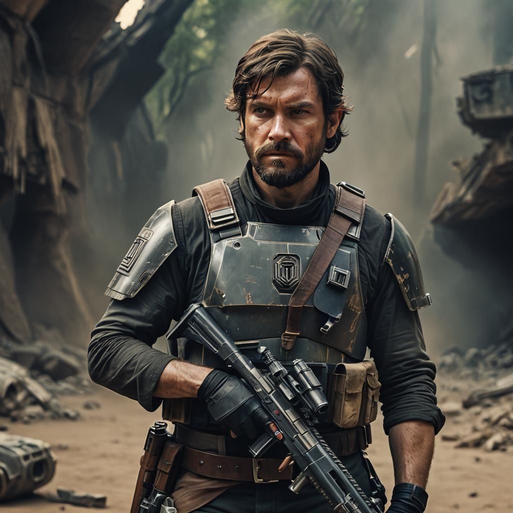 Star wars mercenary human male with dark short hair and beard, tired ...