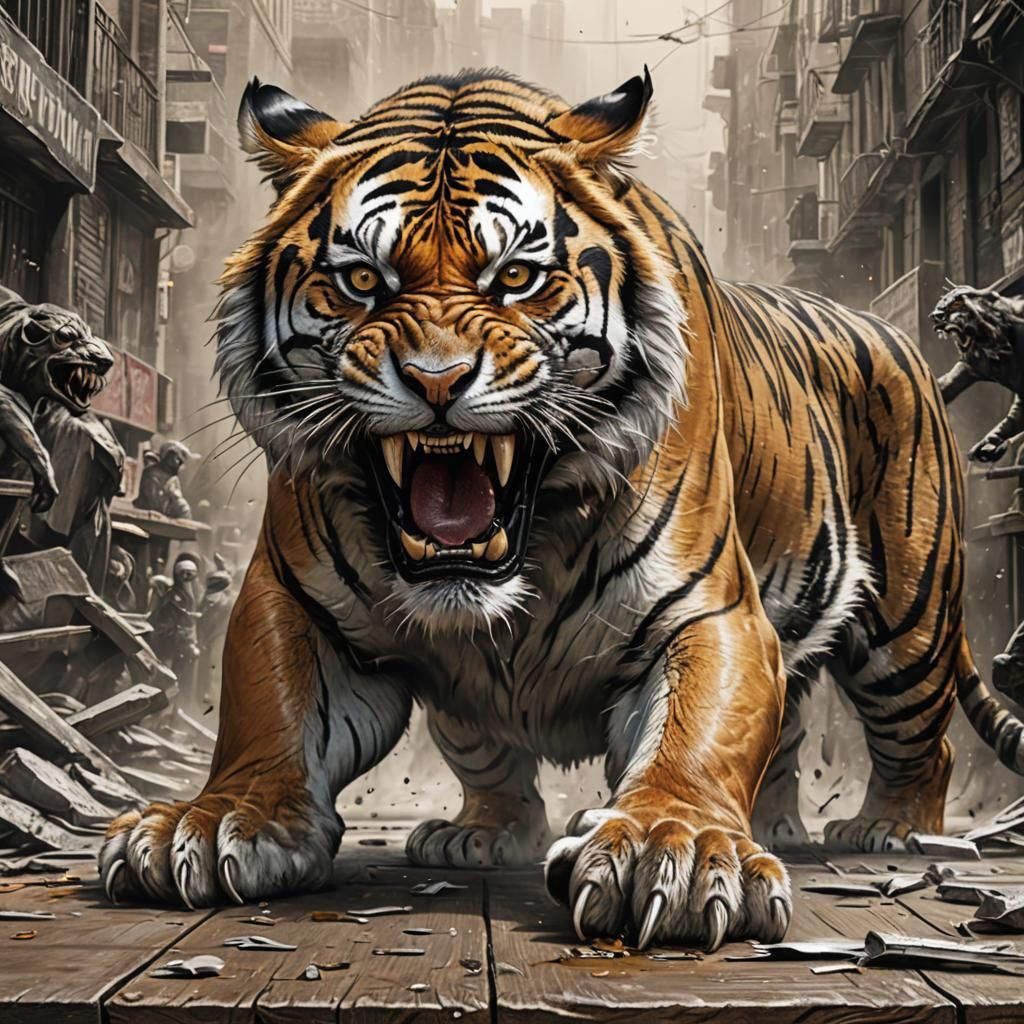 drawing of a ferocious tiger on a table with sharp fangs ready to ...