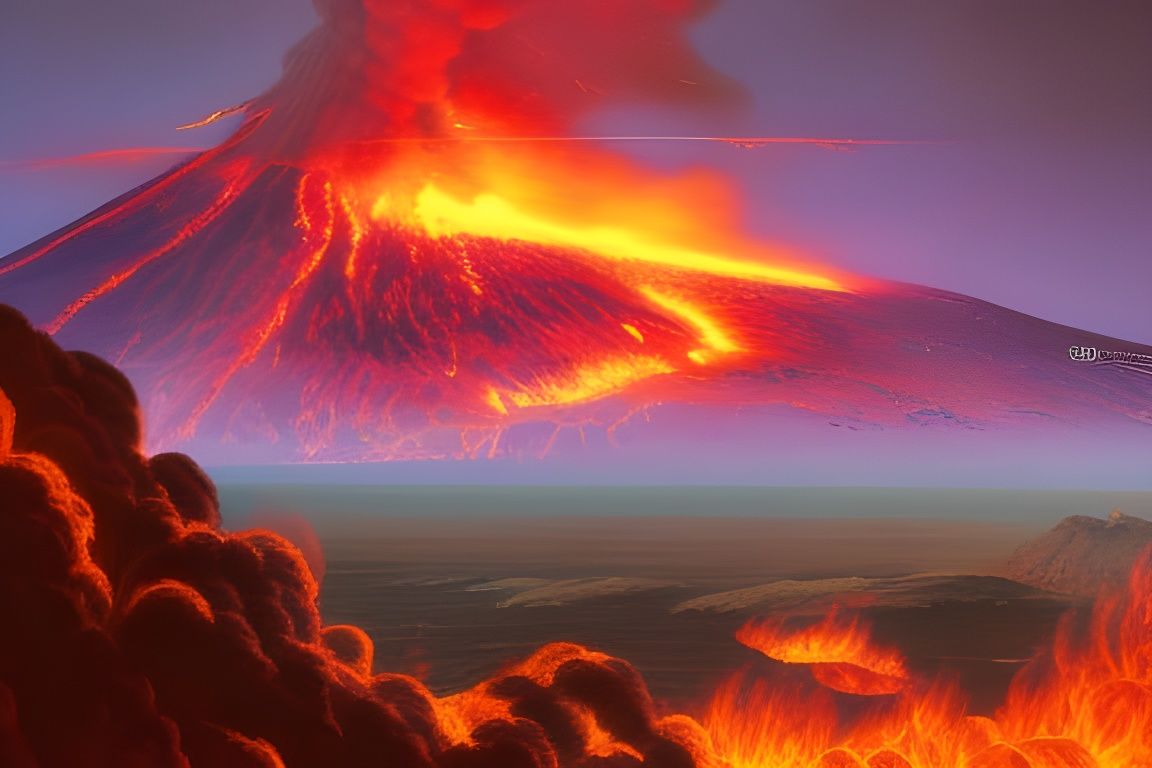 Volcano erupting spewing firey flames into sky,lava flow down sides ...