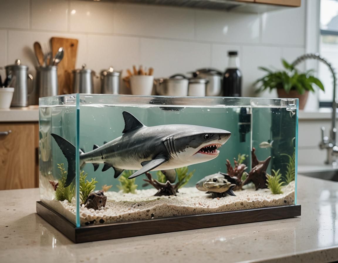 A miniature shark with piranha teeth, inside a fishtank, on a work ...