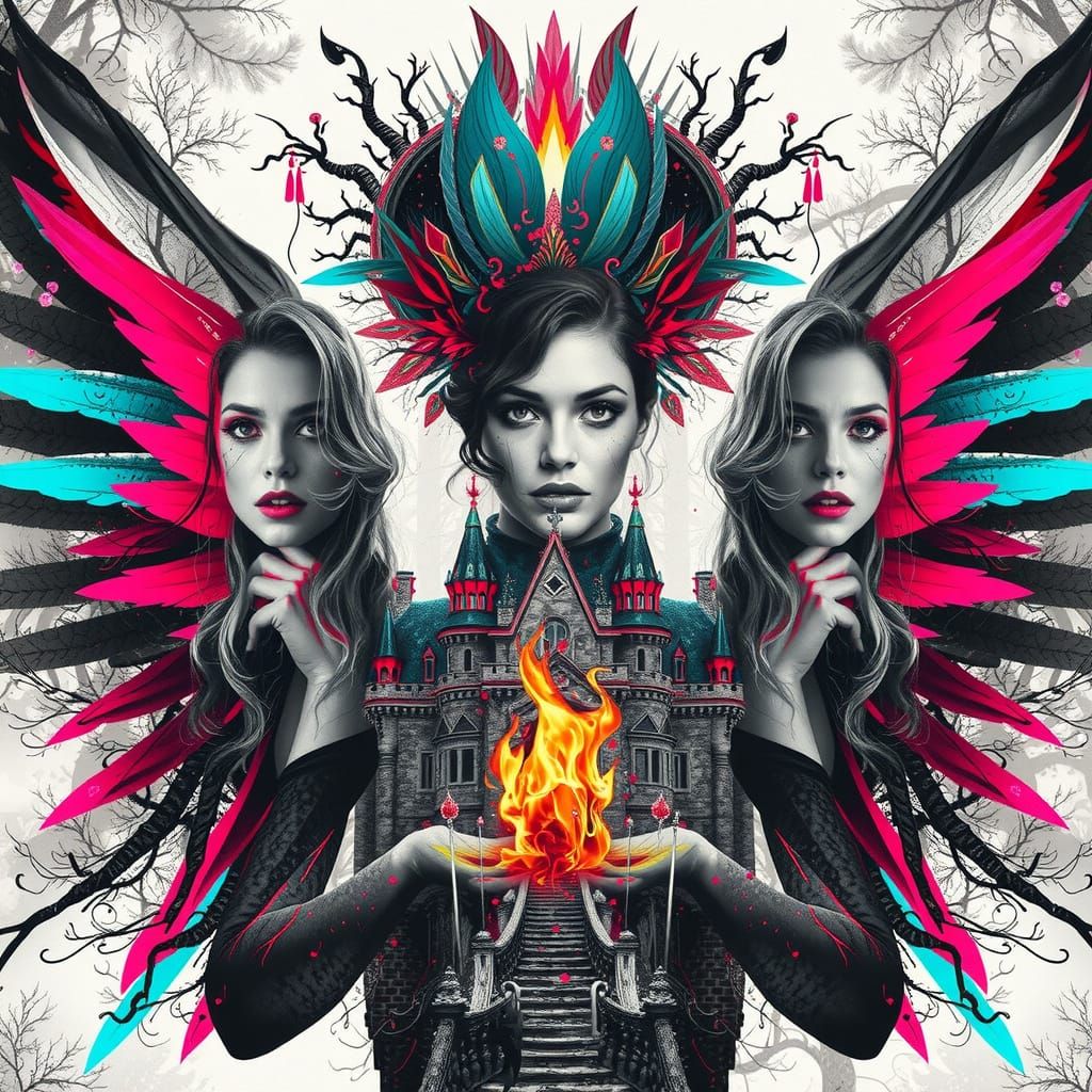 infrared multiple negative print enchanted Fairy tale castle, faces of ...