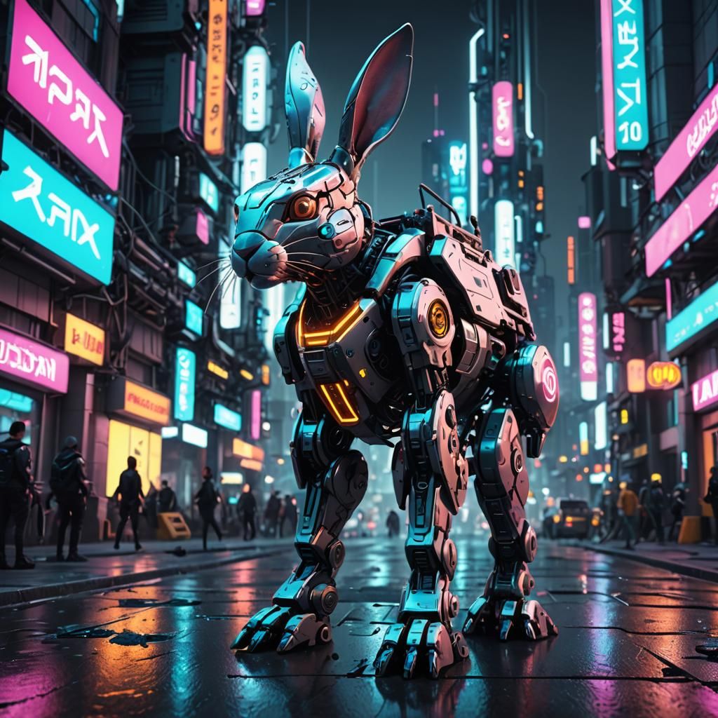 Robo-Cyborg bunny in a futuristic neon city, cyberpunk. intricate mech ...