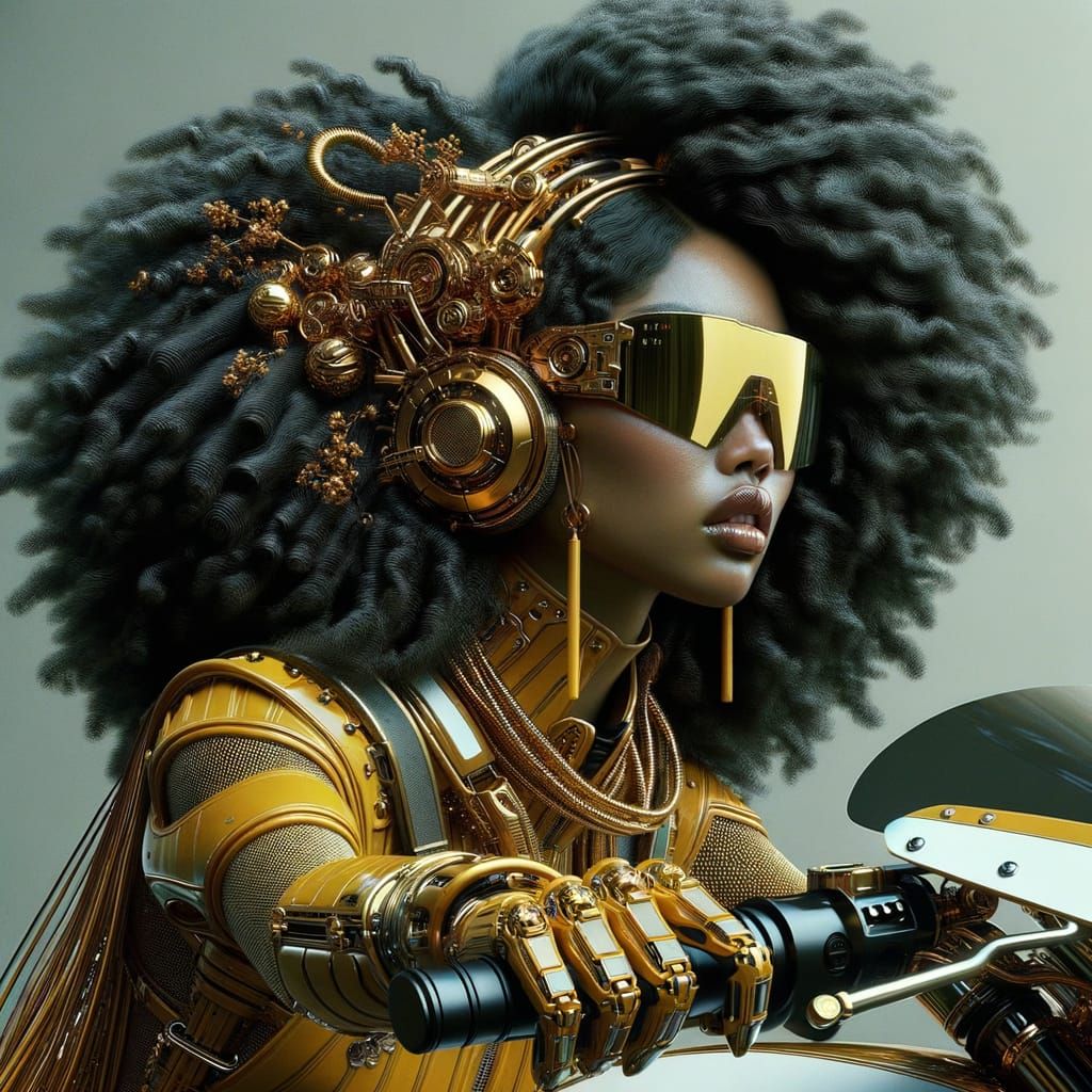 Out for a Ride - Afro-Asian Goddess on Futuristic Motorcycle