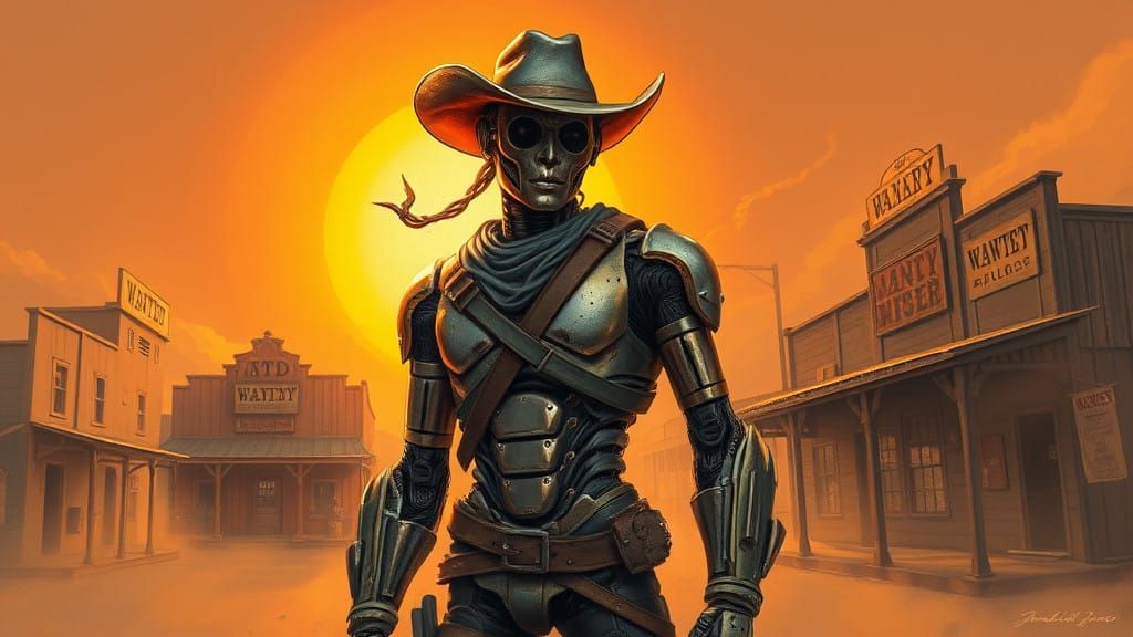 Rebellious Cowboy Android Rides into the Sunset - AI Art