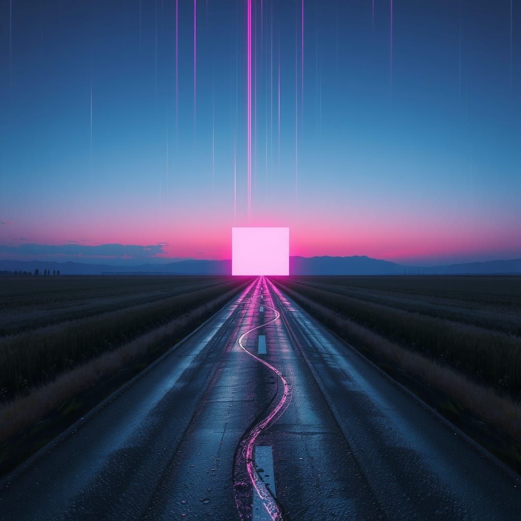 Dreamcore style, a open field road, to a digital glitch big square in ...