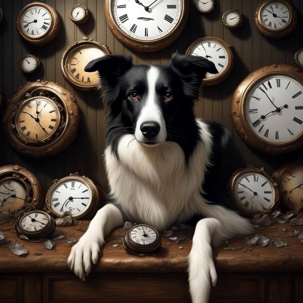 phoptorealistic border collie surrounded by clocks - AI Generated ...