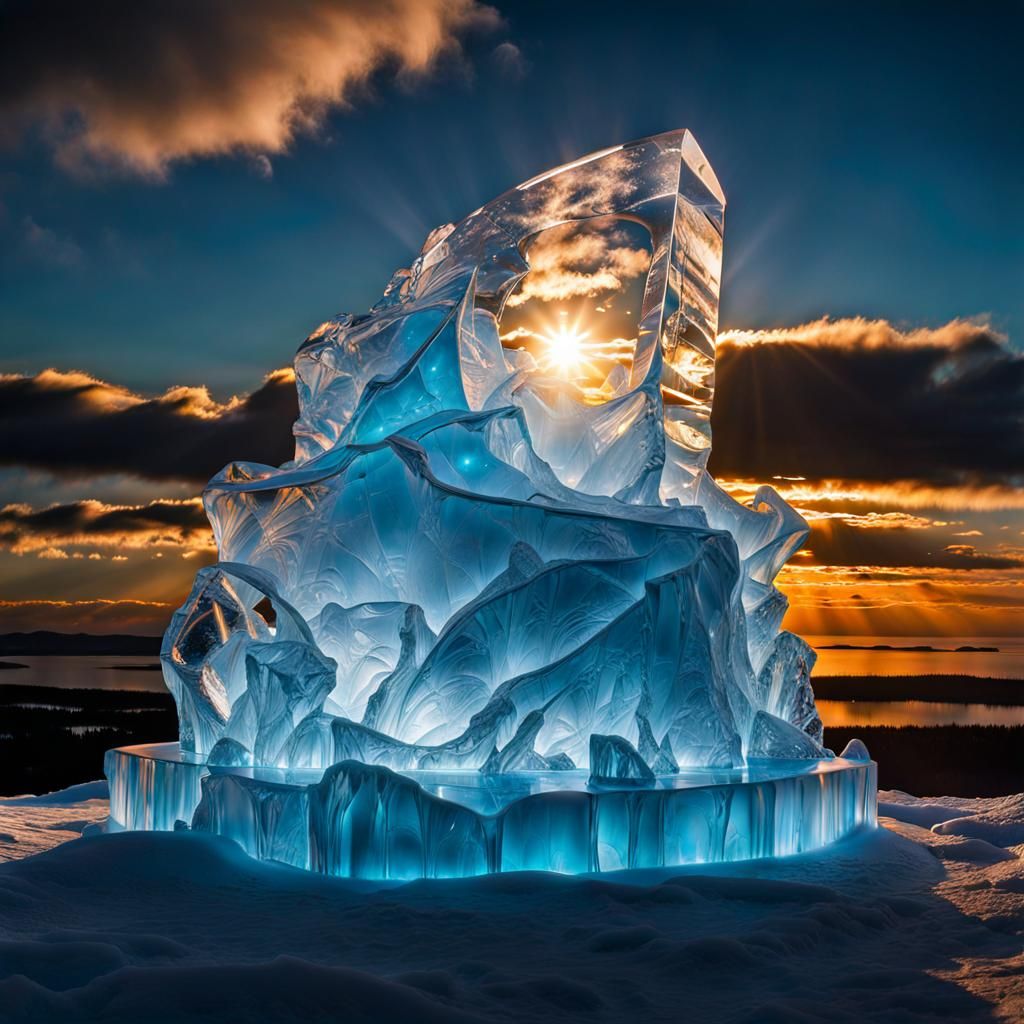 (ice sculpture), epic Odin carved out of iceberg sparkling transparent ...