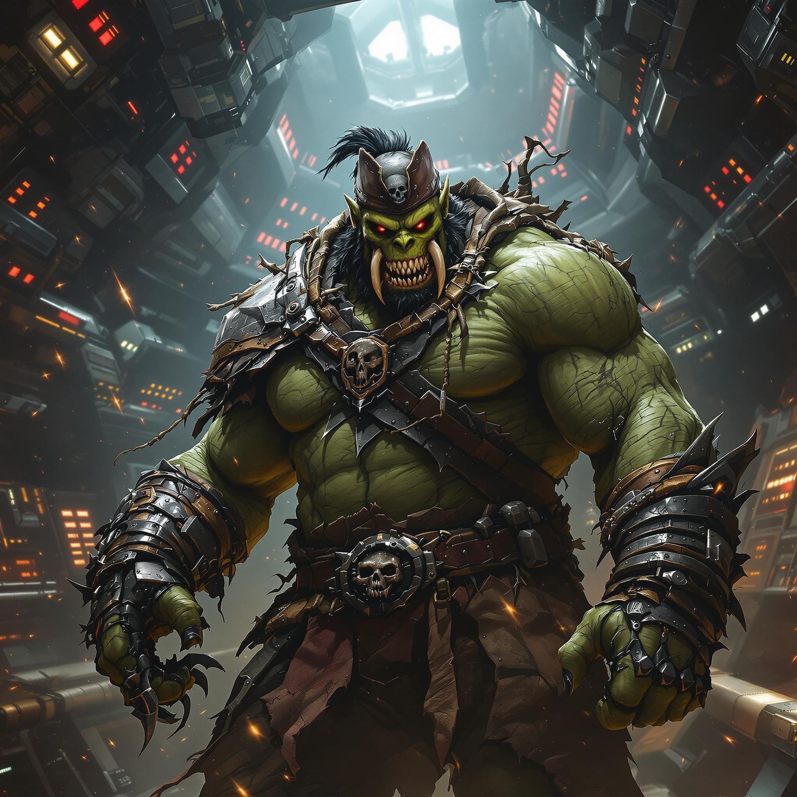 The hulking Orc space pirate stands amidst a chaotic spaceship bridge ...