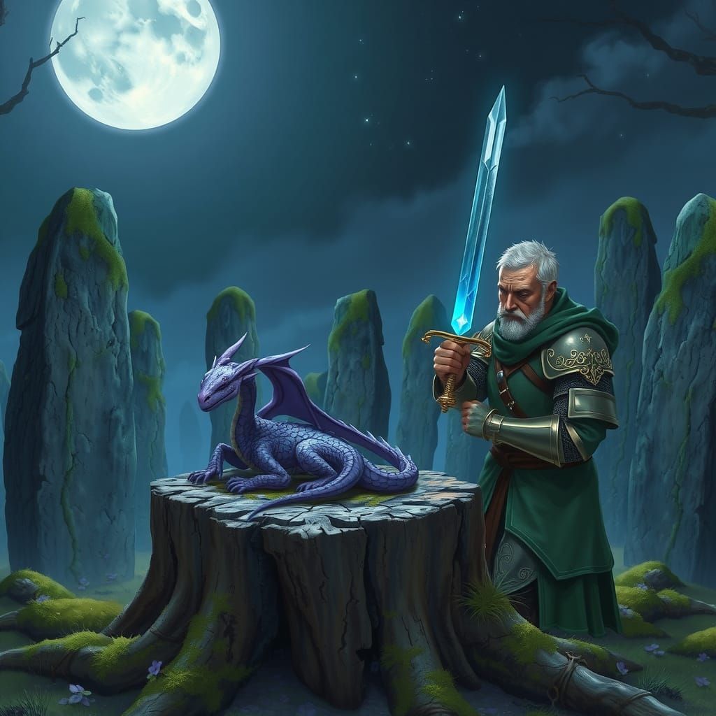 A small, winged, purple dragon, sleeping on an old stump. surrounded by ...