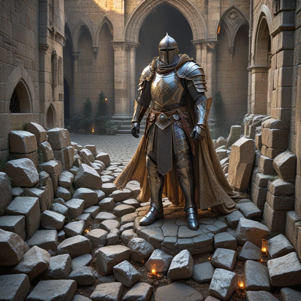 Medieval Knight in Moonlit Castle Courtyard - AI Art