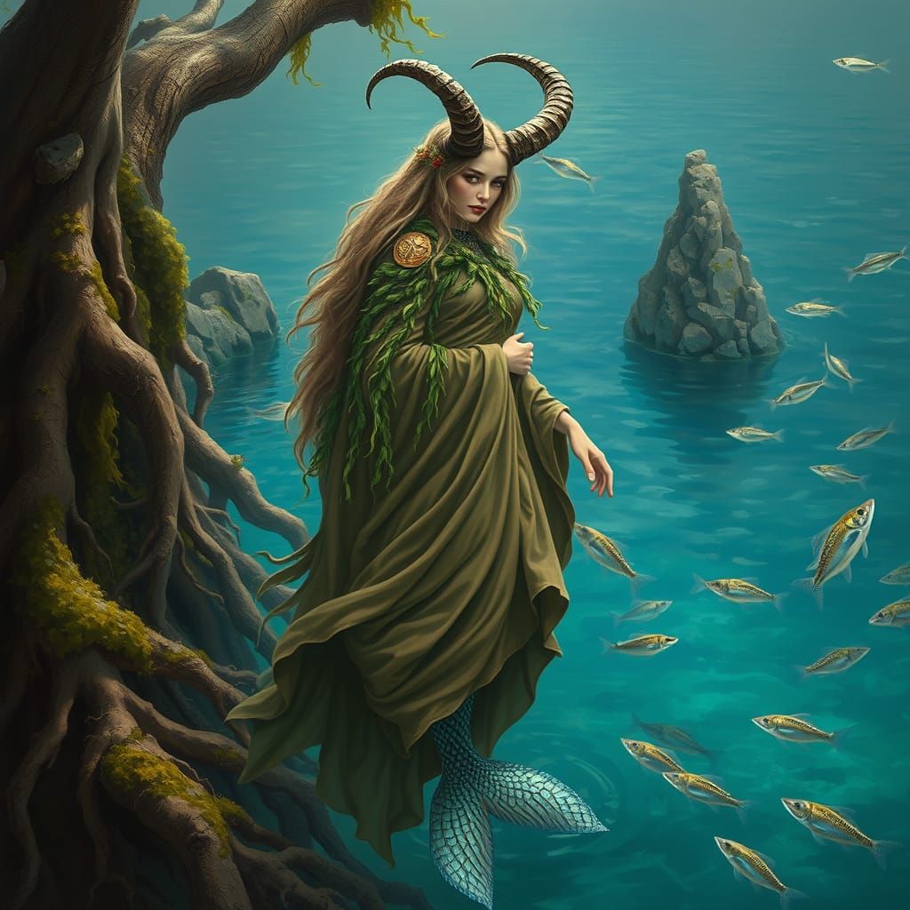 Majestic Capricorn Goddess Rises from the Ocean De... - AI Art