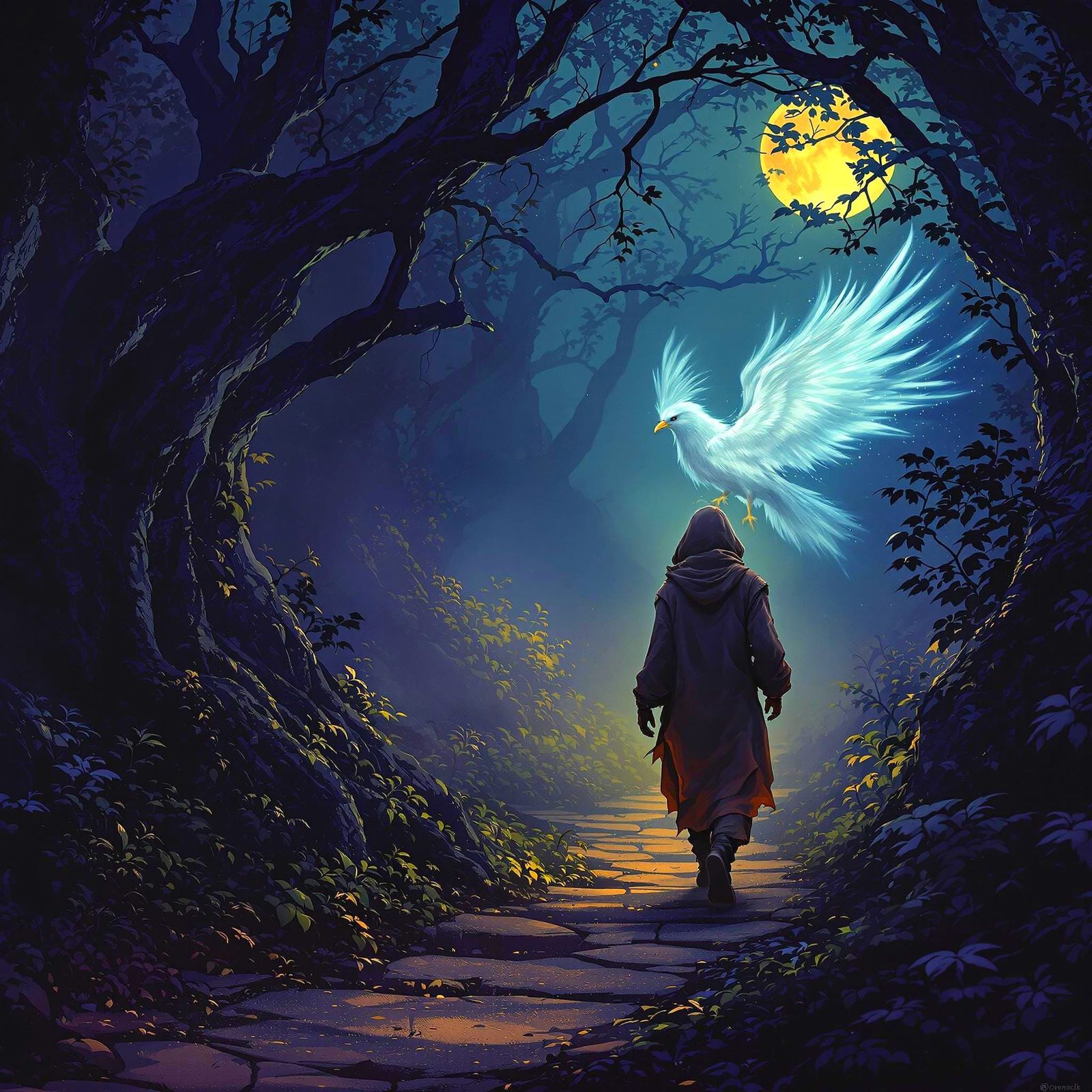 Enigmatic Wanderer Guided by Ethereal Bird through... - AI Art