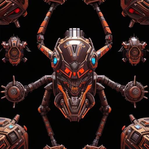 A mechanical bug on a black background, Aztec patterns, bismuth ...