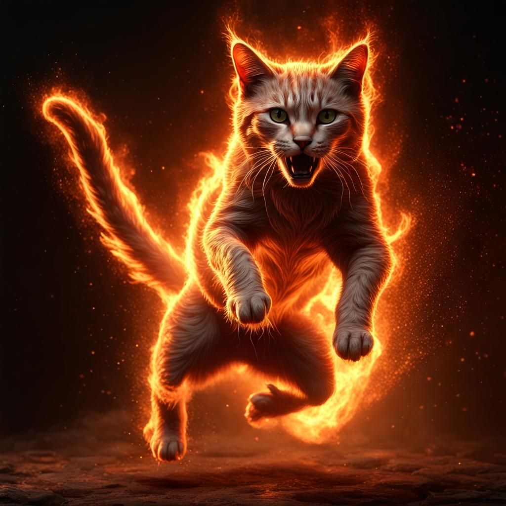 photorealistic final render of an epic full body of a leaping cat ...