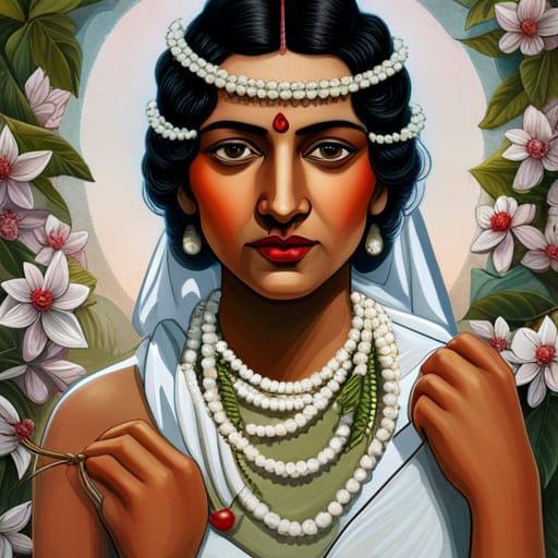 Indian woman from 1920s, Independence era. With garland of jasmine buds ...