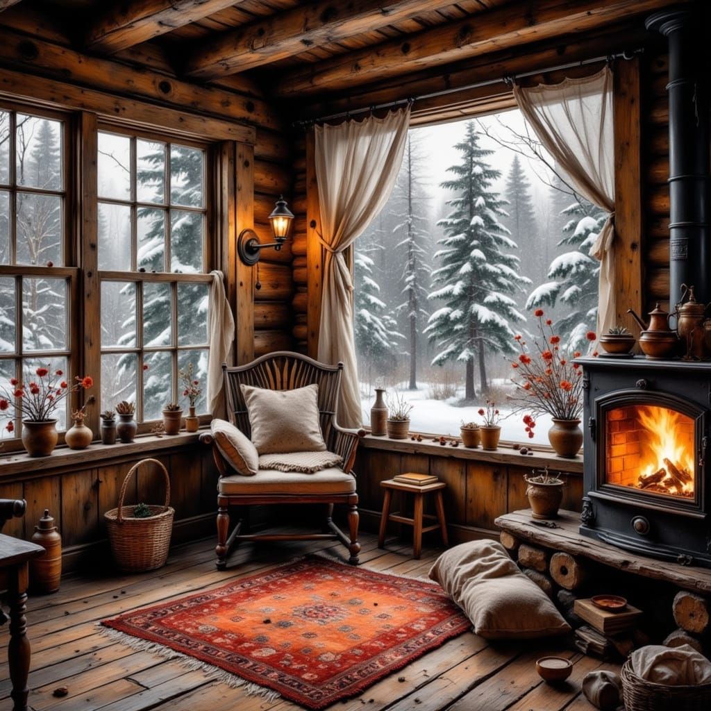 Cozy cottage interior in winter. - Cozy Winter Cottage Inter...