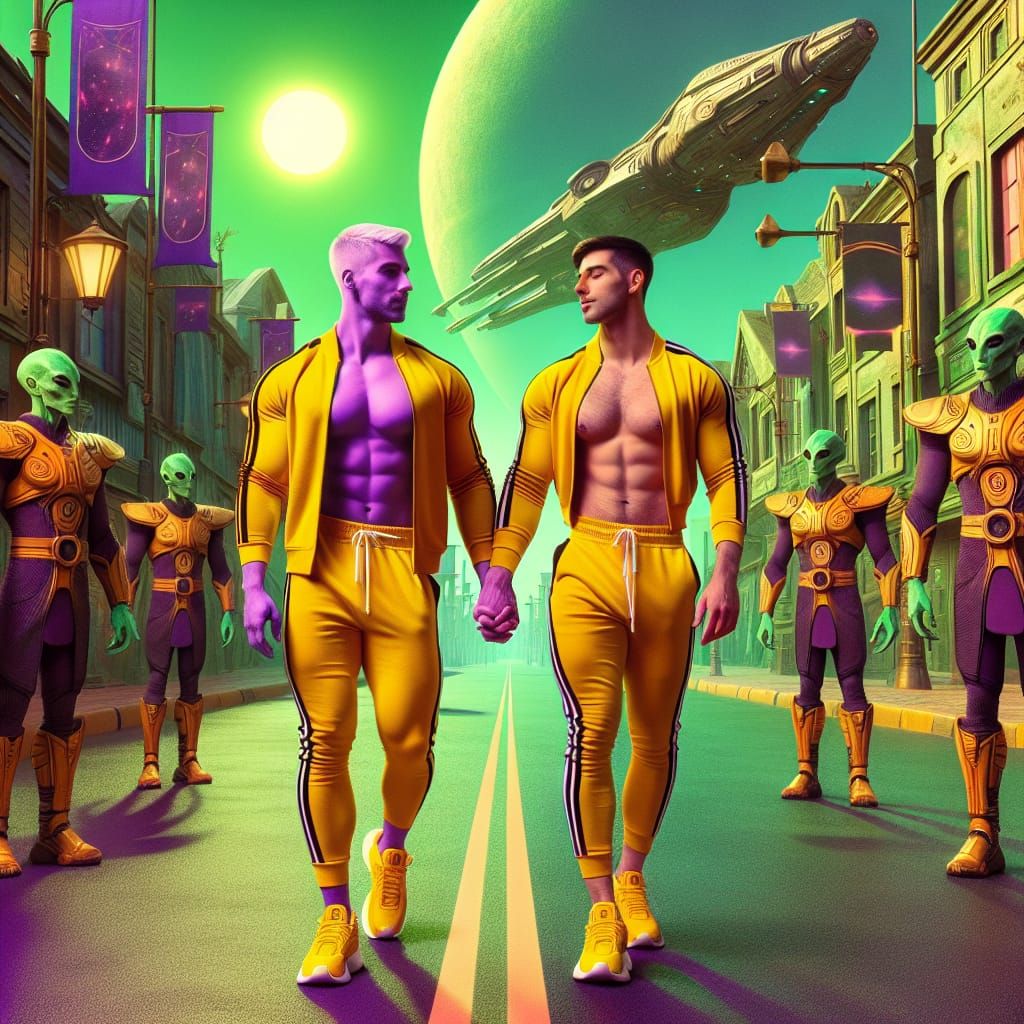 Handsome interplanetary gay couple holding hands and walk through a ...