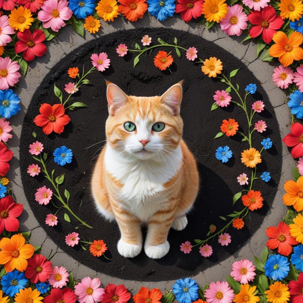 Vibrant Geoglyph Cat amidst a Synchromist Blossom - AI Art