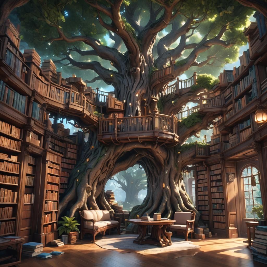 Enchanted library inside of an ancient tree - AI Generated Artwork ...