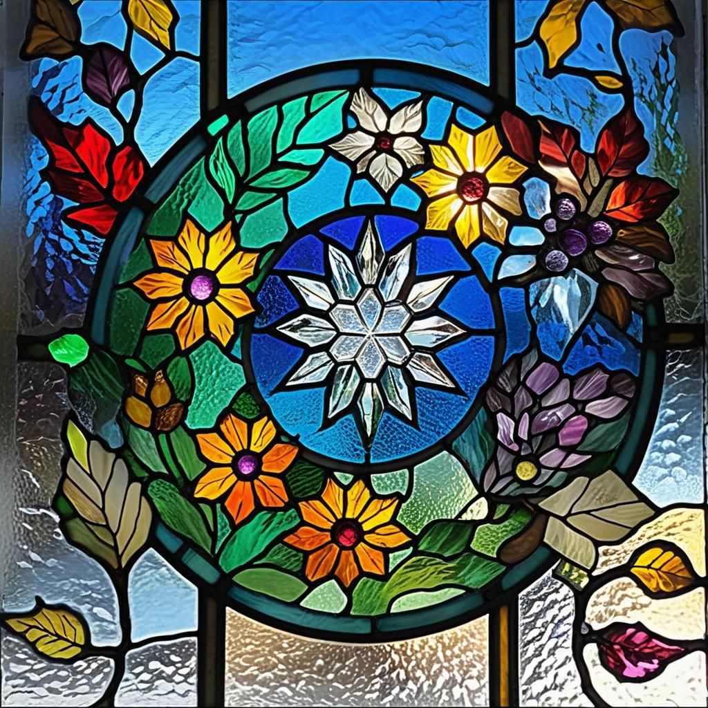 stained glass panels1.3), each depicting (different season1.3) with ...
