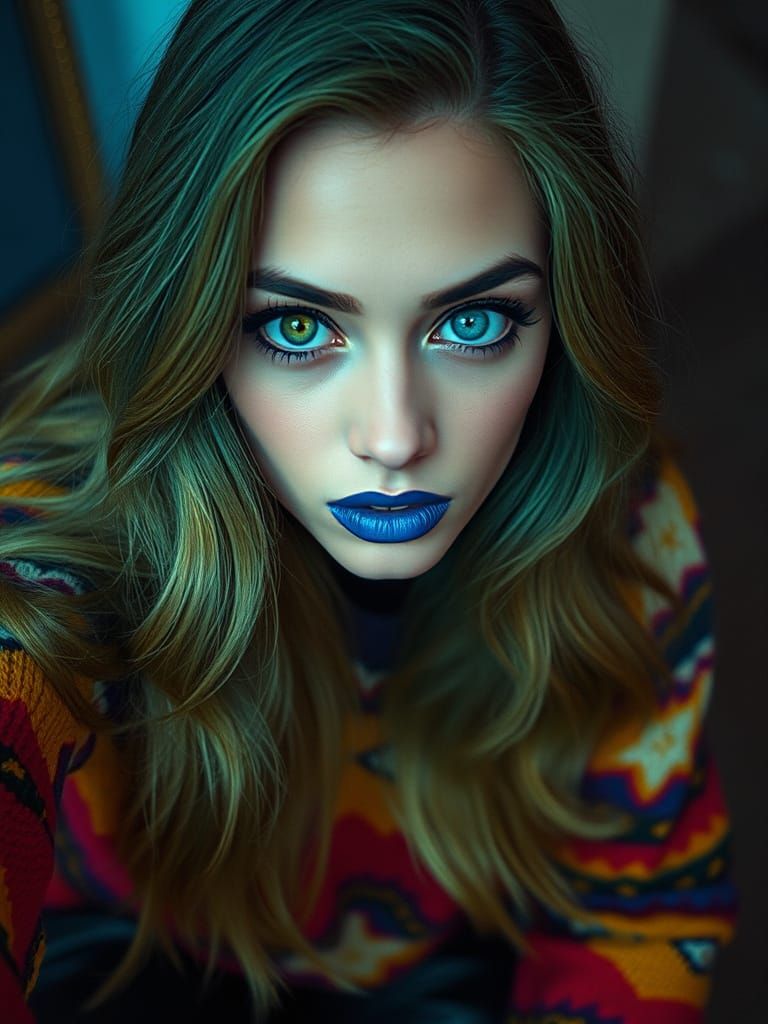 woman left eye is bright yellow, right eye is deep blue, long green ...